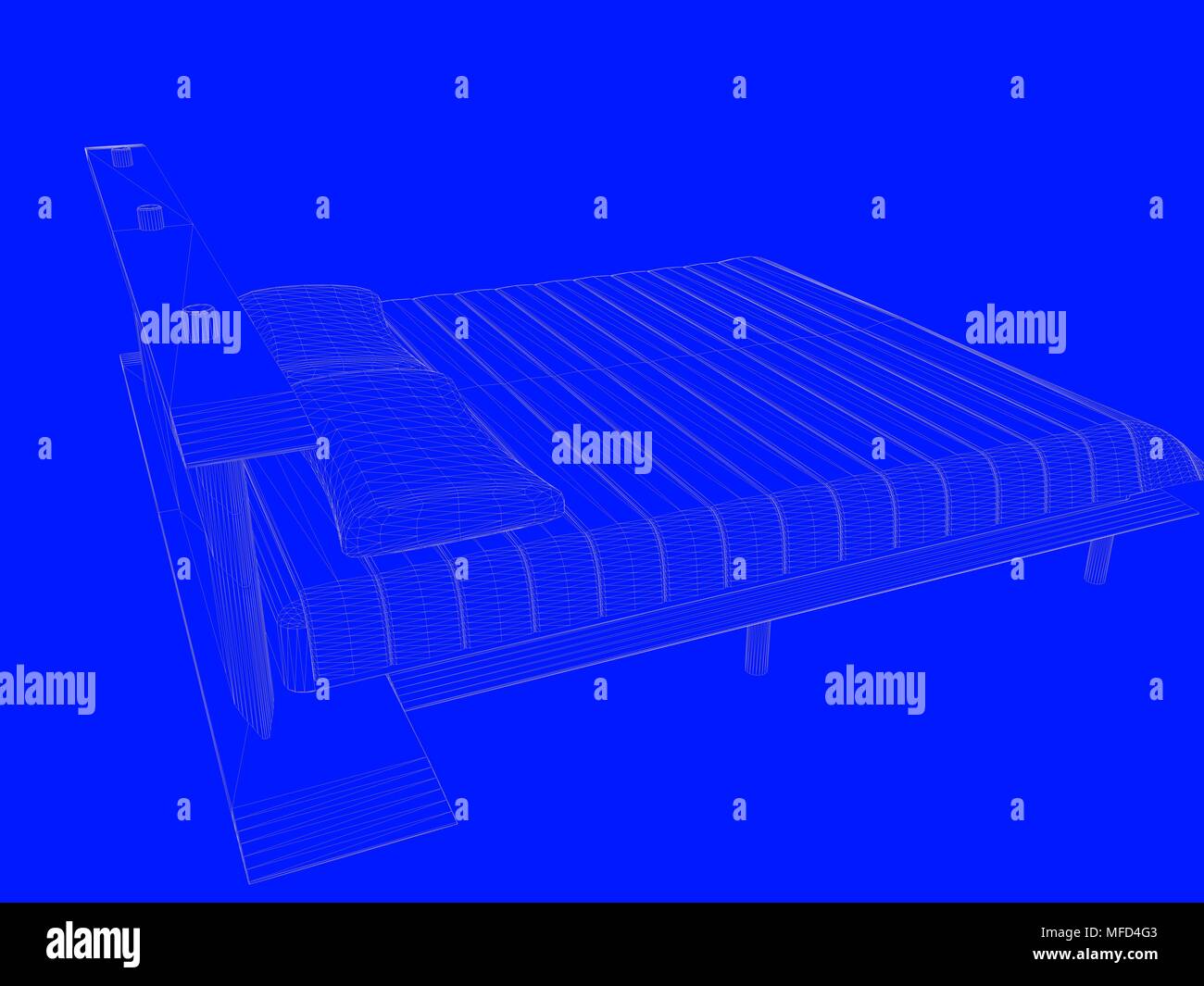 3d rendering of a bed blueprint as lines on a blue background Stock ...