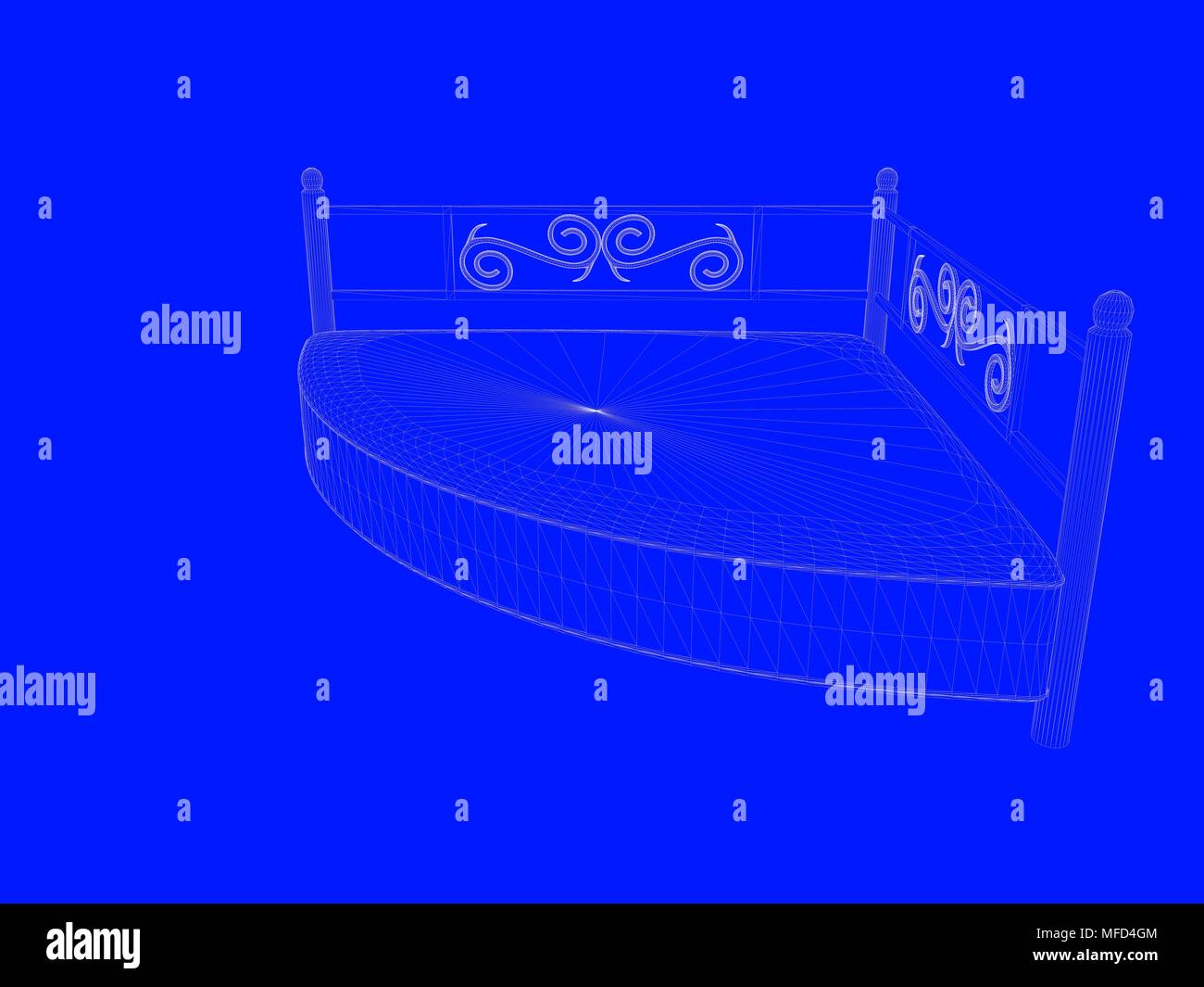 3d rendering of a bed blueprint as lines on a blue background Stock ...