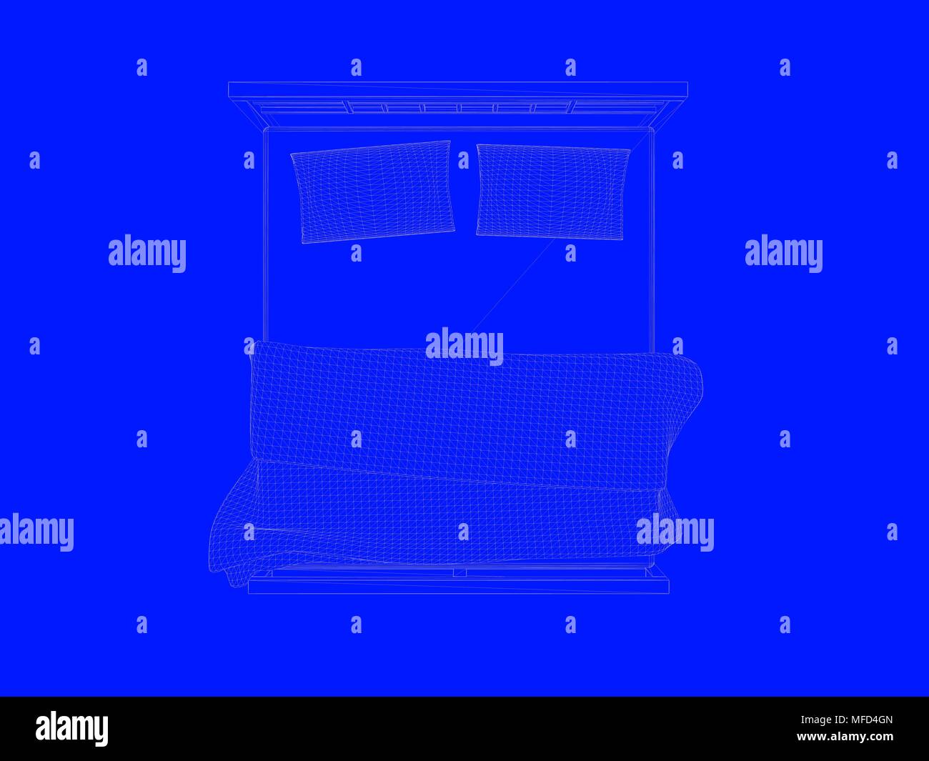 3d rendering of a bed blueprint as lines on a blue background Stock ...