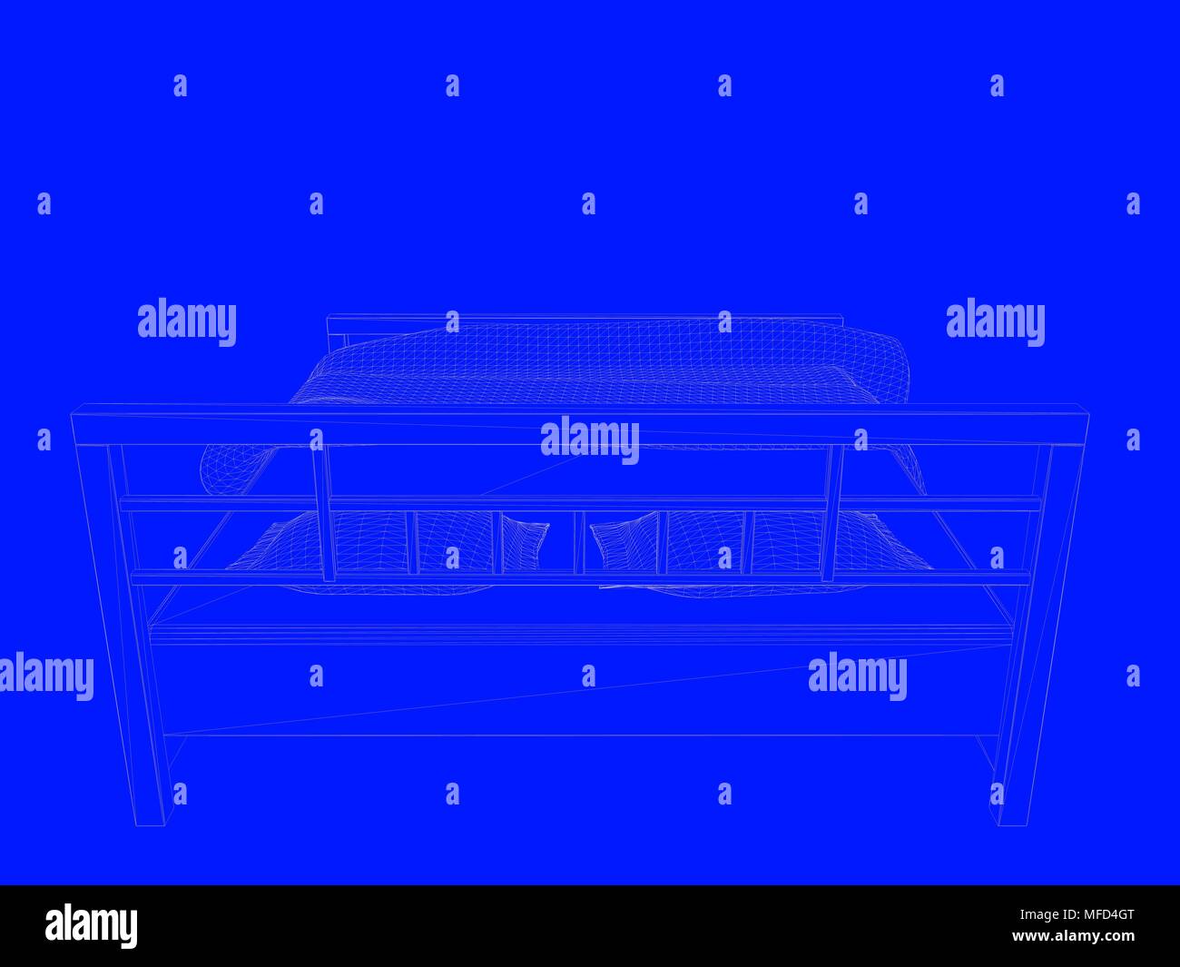 3d rendering of a bed blueprint as lines on a blue background Stock ...