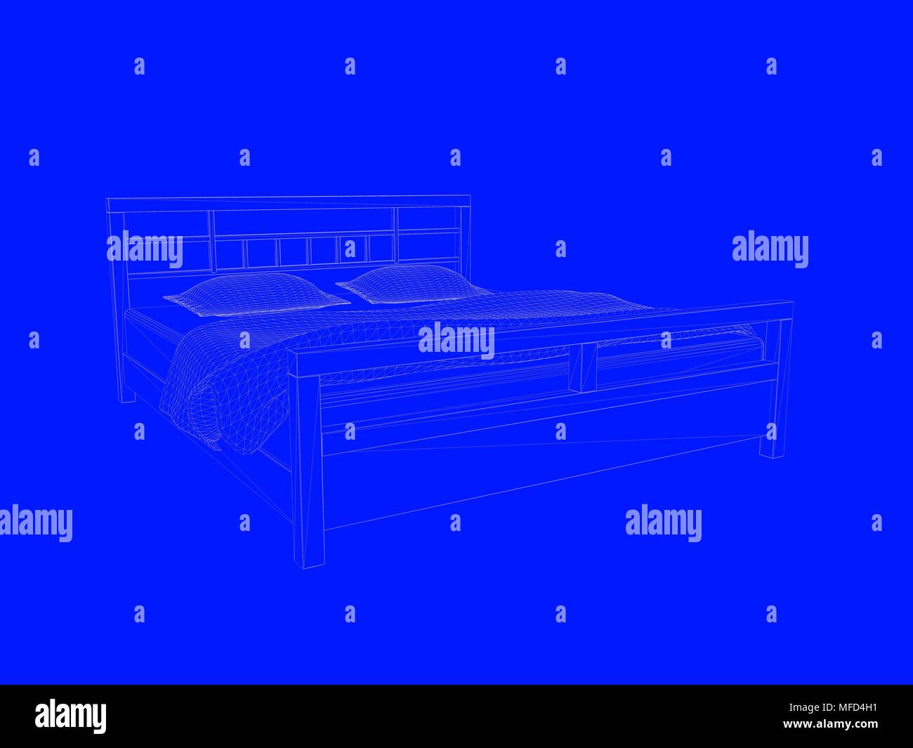 3d rendering of a bed blueprint as lines on a blue background Stock ...