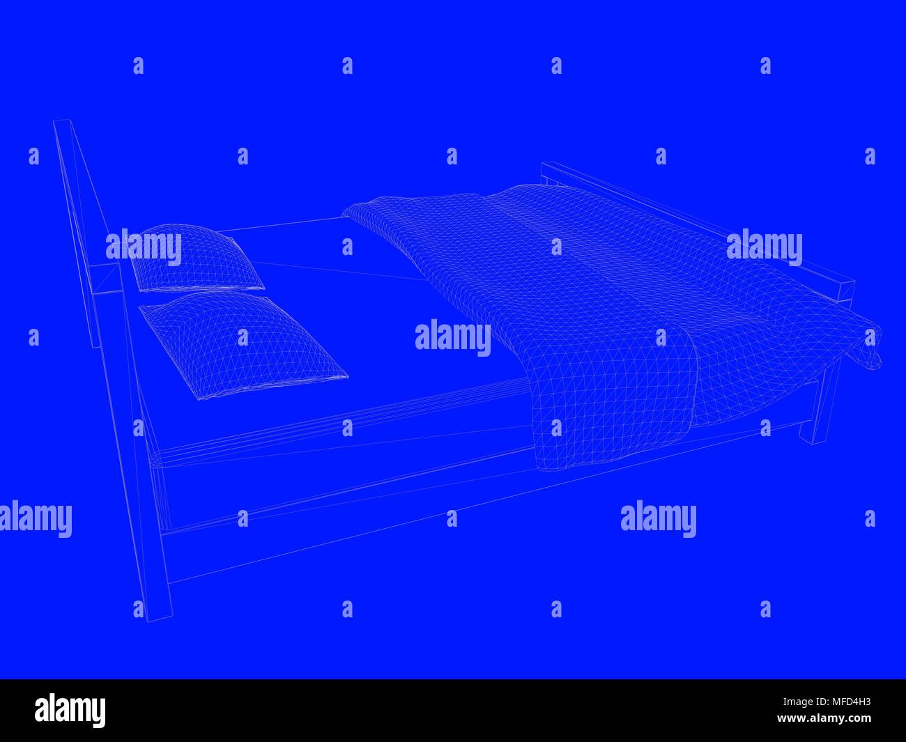 3d rendering of a bed blueprint as lines on a blue background Stock ...