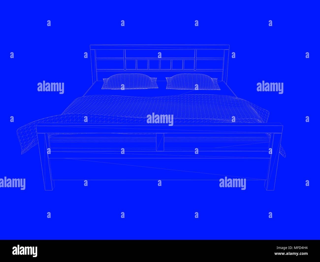 3d rendering of a bed blueprint as lines on a blue background Stock ...