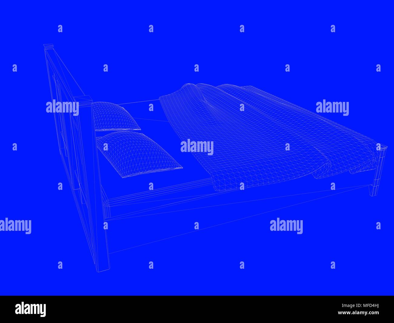 3d rendering of a bed blueprint as lines on a blue background Stock ...