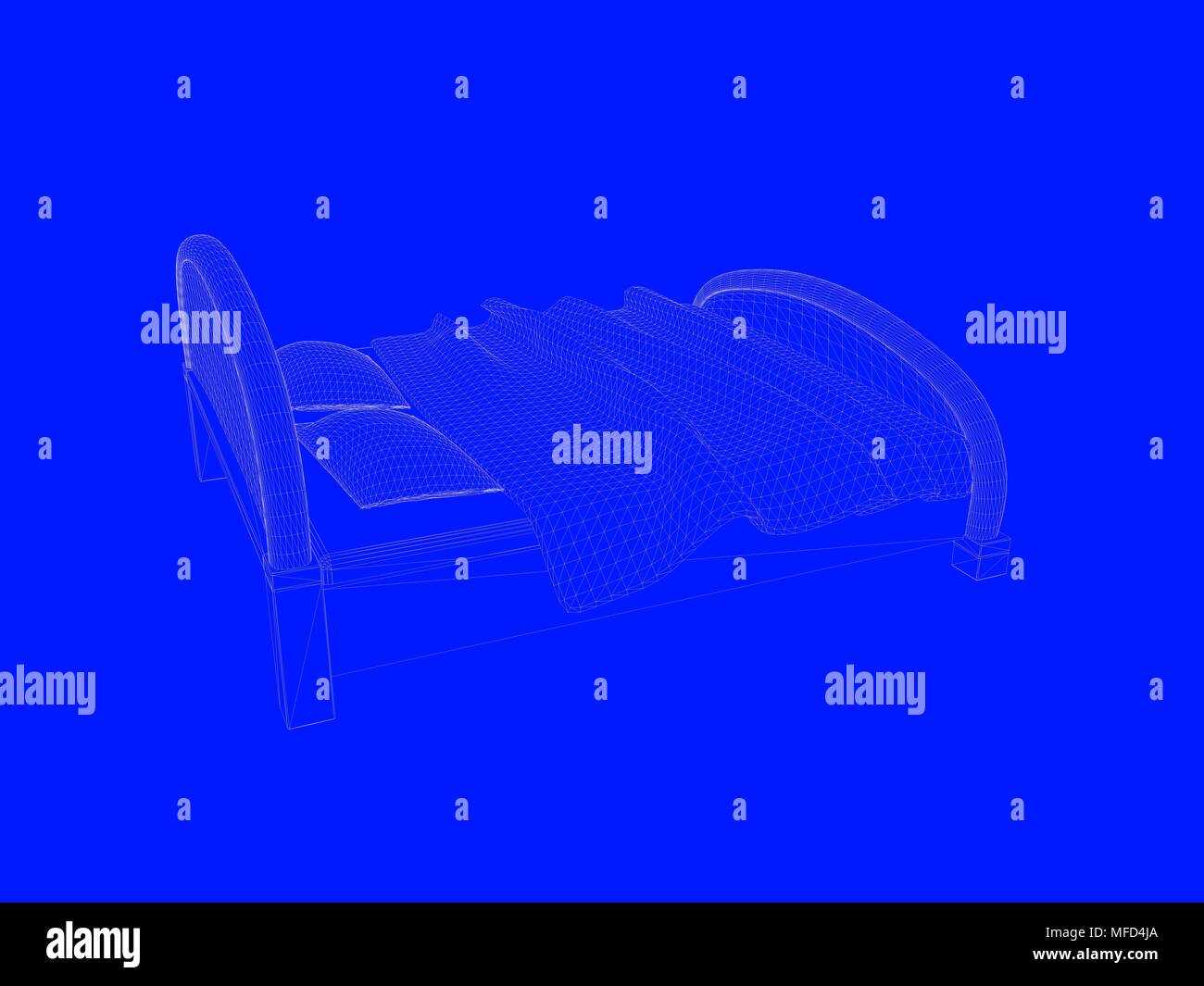 3d rendering of a bed blueprint as lines on a blue background Stock ...