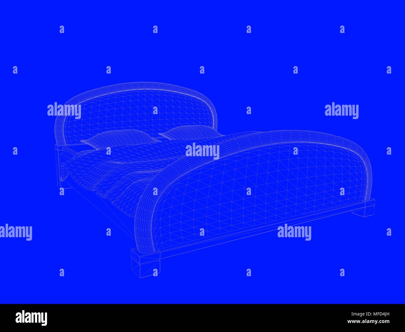3d rendering of a bed blueprint as lines on a blue background Stock ...