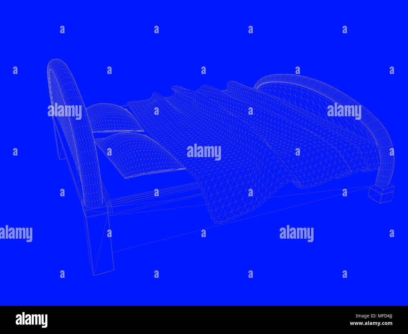 3d rendering of a bed blueprint as lines on a blue background Stock ...