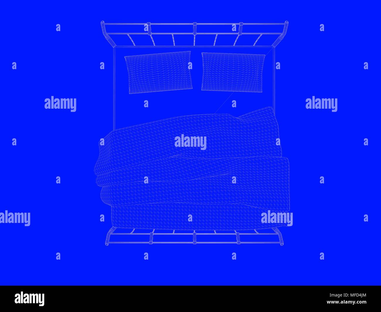 3d rendering of a bed blueprint as lines on a blue background Stock ...
