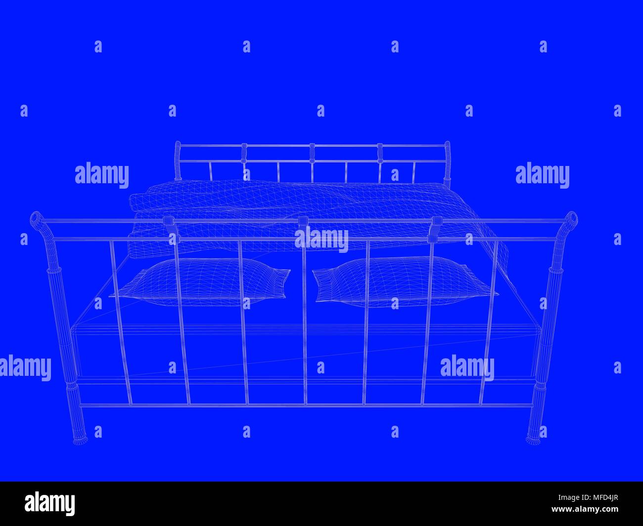 3d rendering of a bed blueprint as lines on a blue background Stock ...