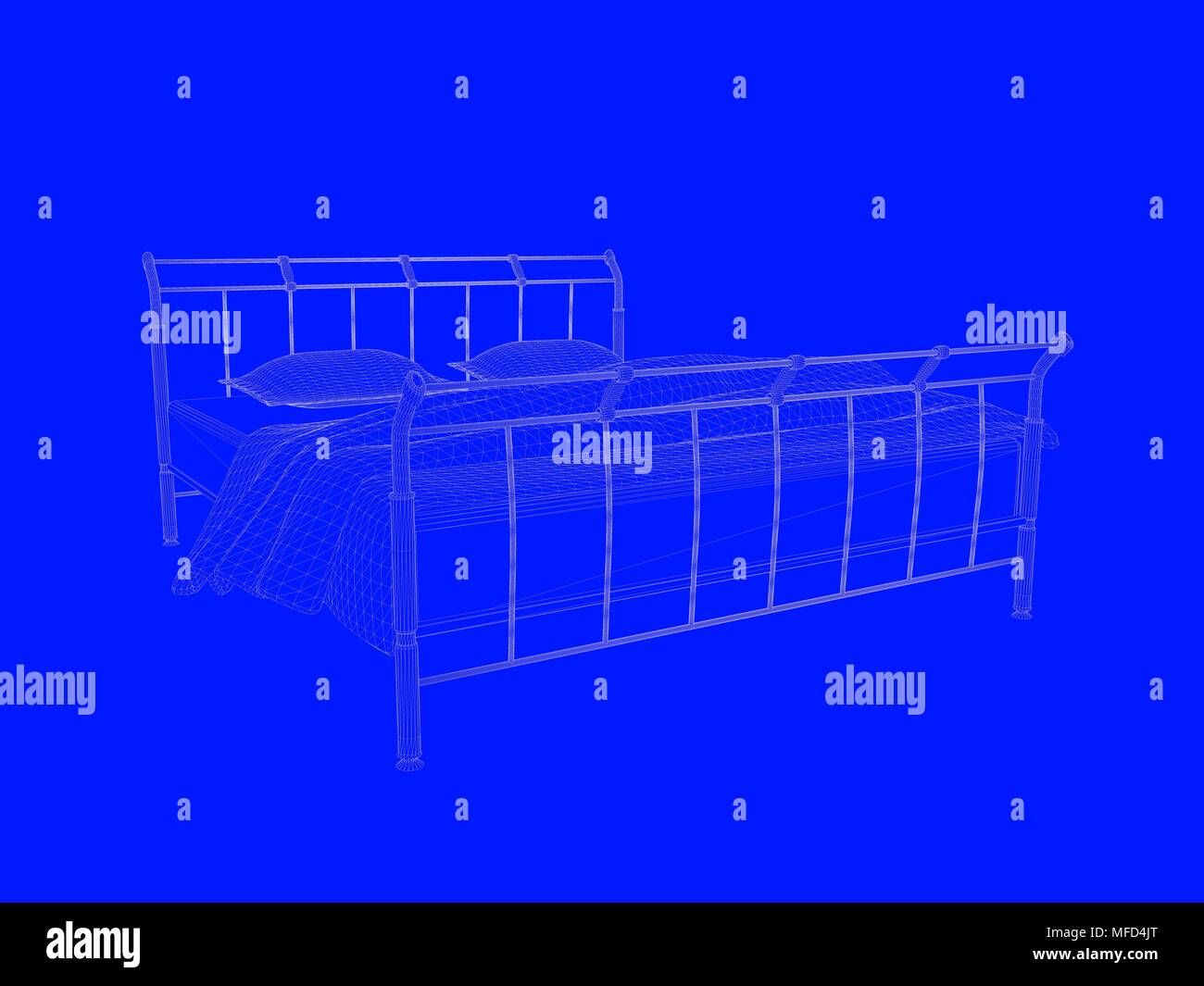 3d rendering of a bed blueprint as lines on a blue background Stock ...