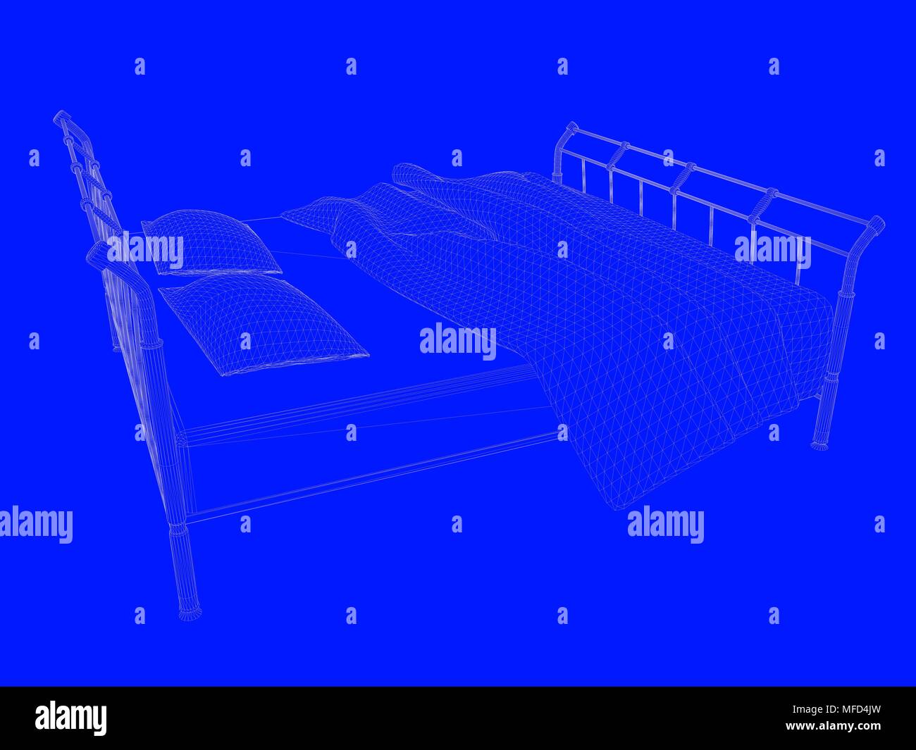 3d rendering of a bed blueprint as lines on a blue background Stock ...