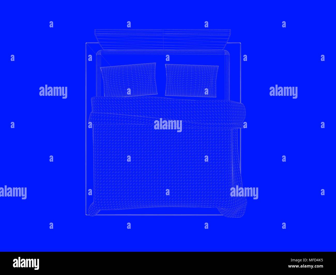 3d rendering of a bed blueprint as lines on a blue background Stock ...