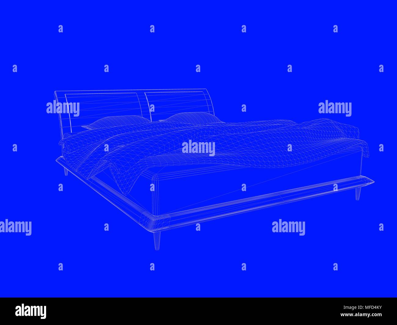 3d rendering of a bed blueprint as lines on a blue background Stock ...