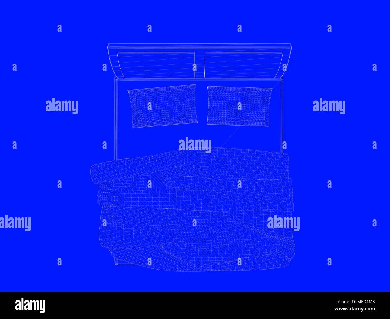 3d rendering of a bed blueprint as lines on a blue background Stock ...