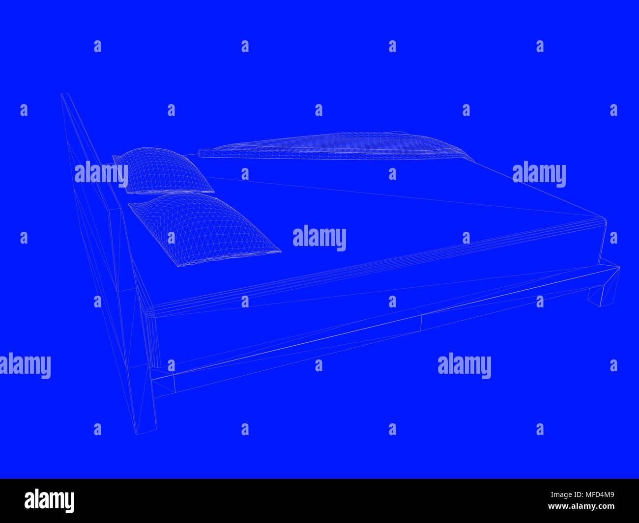3d rendering of a bed blueprint as lines on a blue background Stock ...