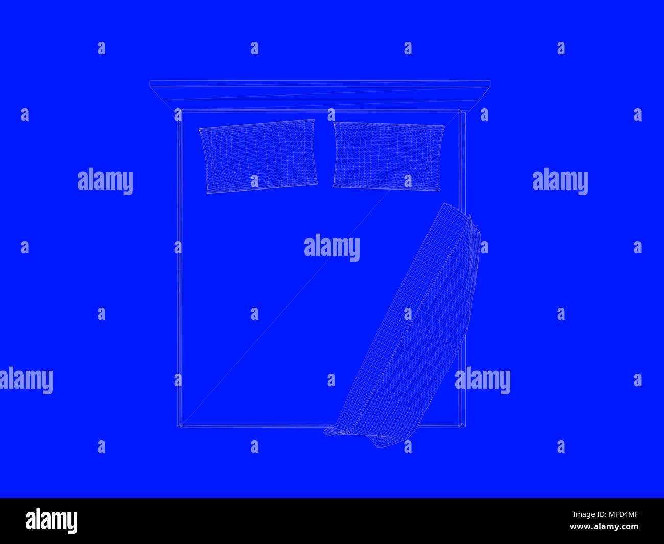 3d rendering of a bed blueprint as lines on a blue background Stock ...