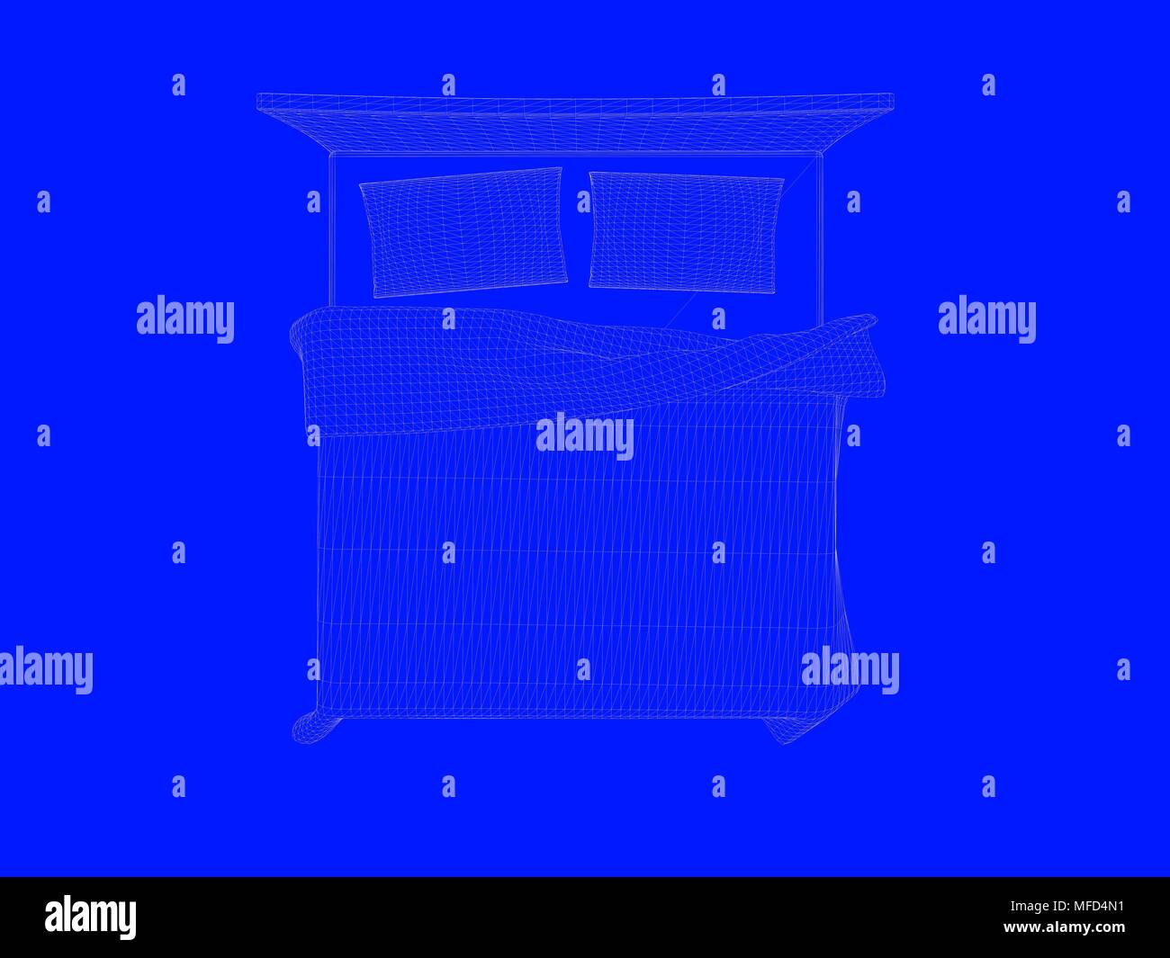 3d rendering of a bed blueprint as lines on a blue background Stock ...
