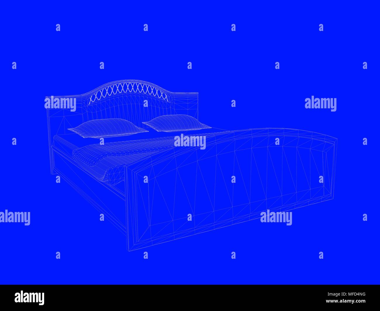 3d rendering of a bed blueprint as lines on a blue background Stock ...