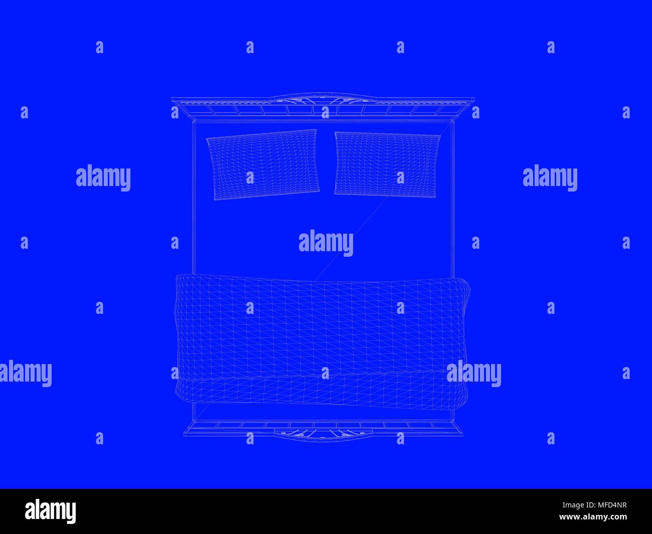 3d rendering of a bed blueprint as lines on a blue background Stock ...