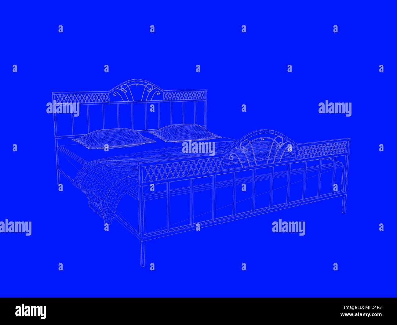 3d rendering of a bed blueprint as lines on a blue background Stock ...