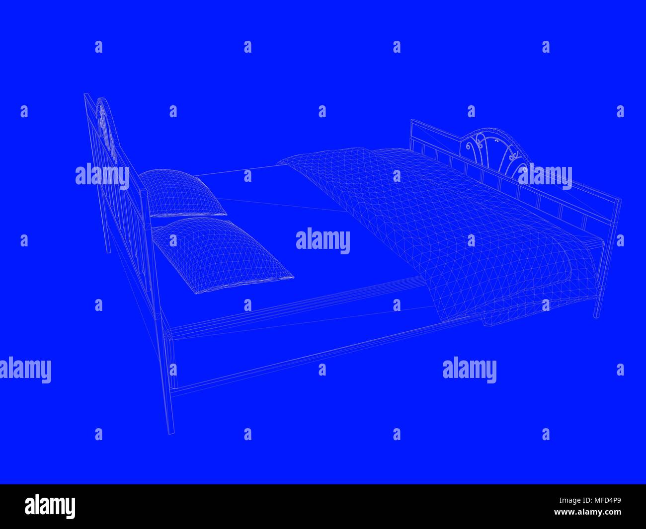 3d rendering of a bed blueprint as lines on a blue background Stock ...