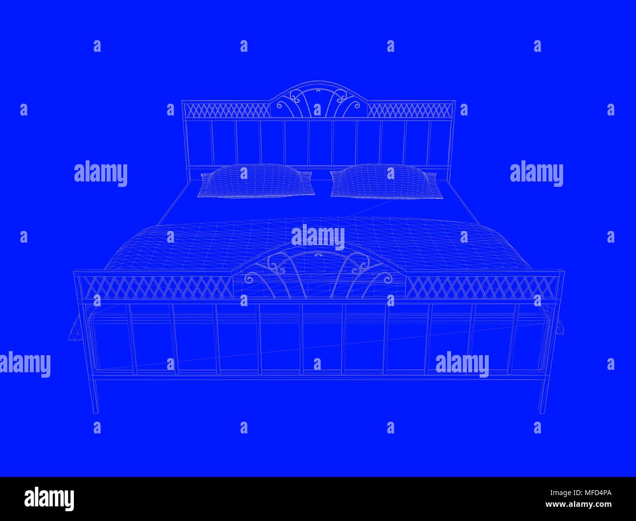 3d rendering of a bed blueprint as lines on a blue background Stock ...