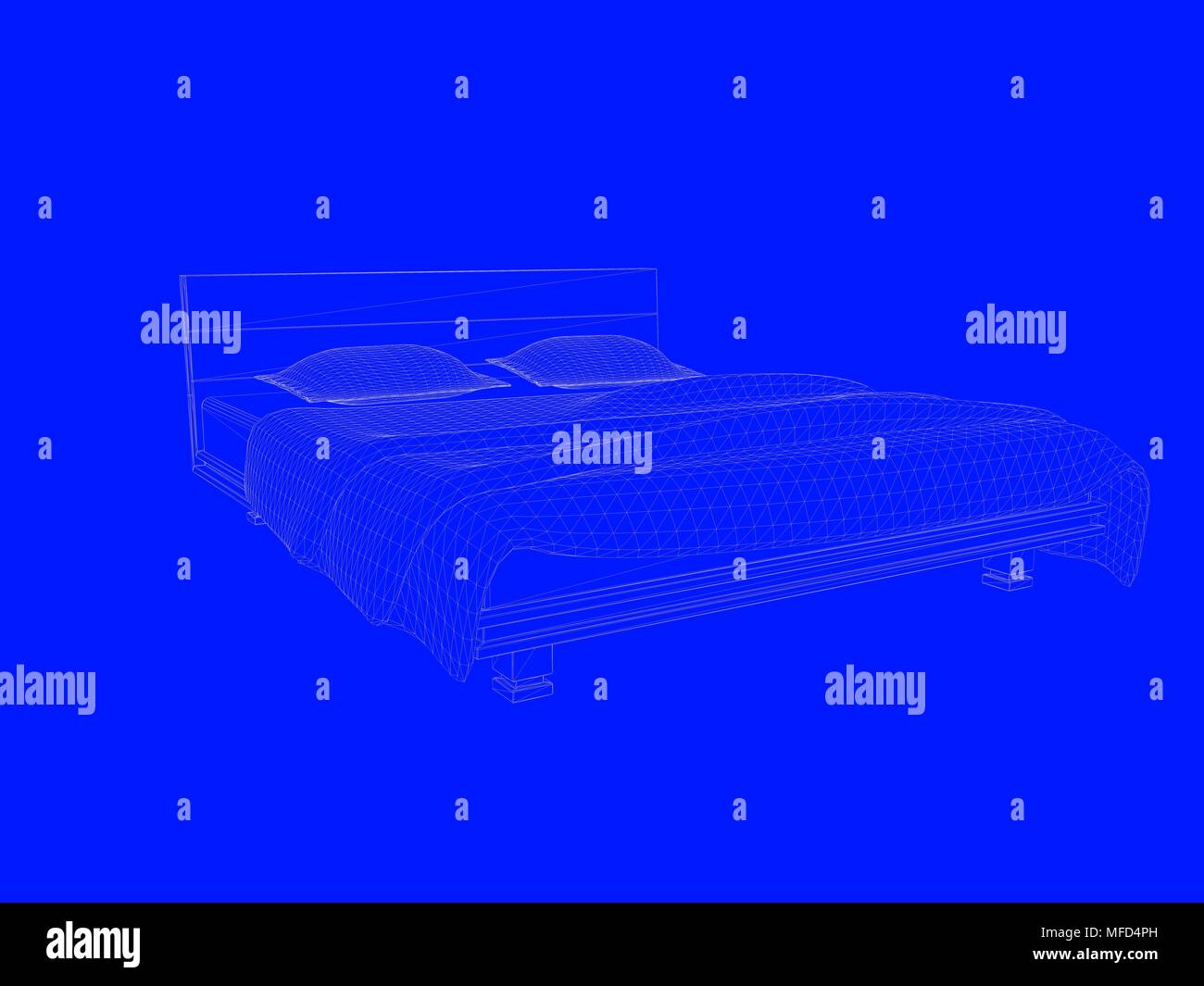 3d rendering of a bed blueprint as lines on a blue background Stock ...