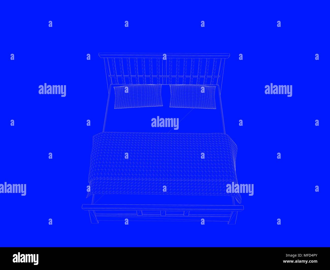 3d rendering of a bed blueprint as lines on a blue background Stock ...