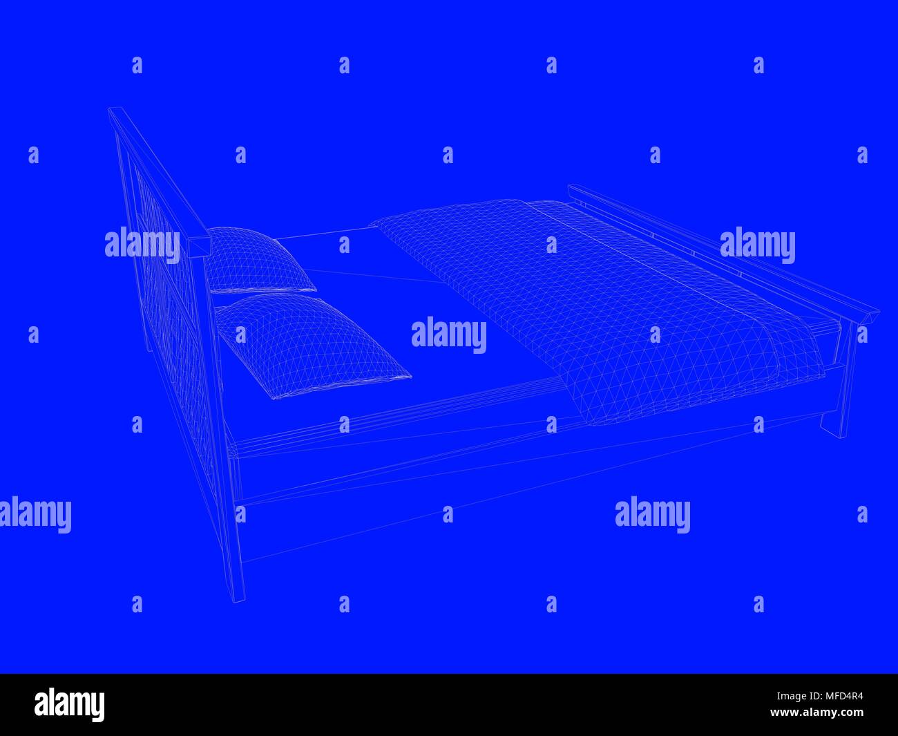 3d rendering of a bed blueprint as lines on a blue background Stock ...