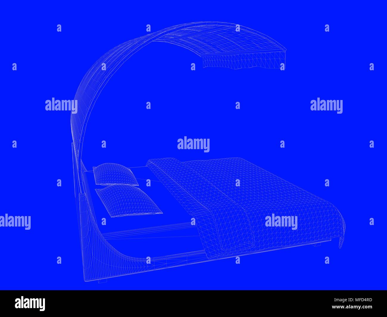 3d rendering of a bed blueprint as lines on a blue background Stock ...