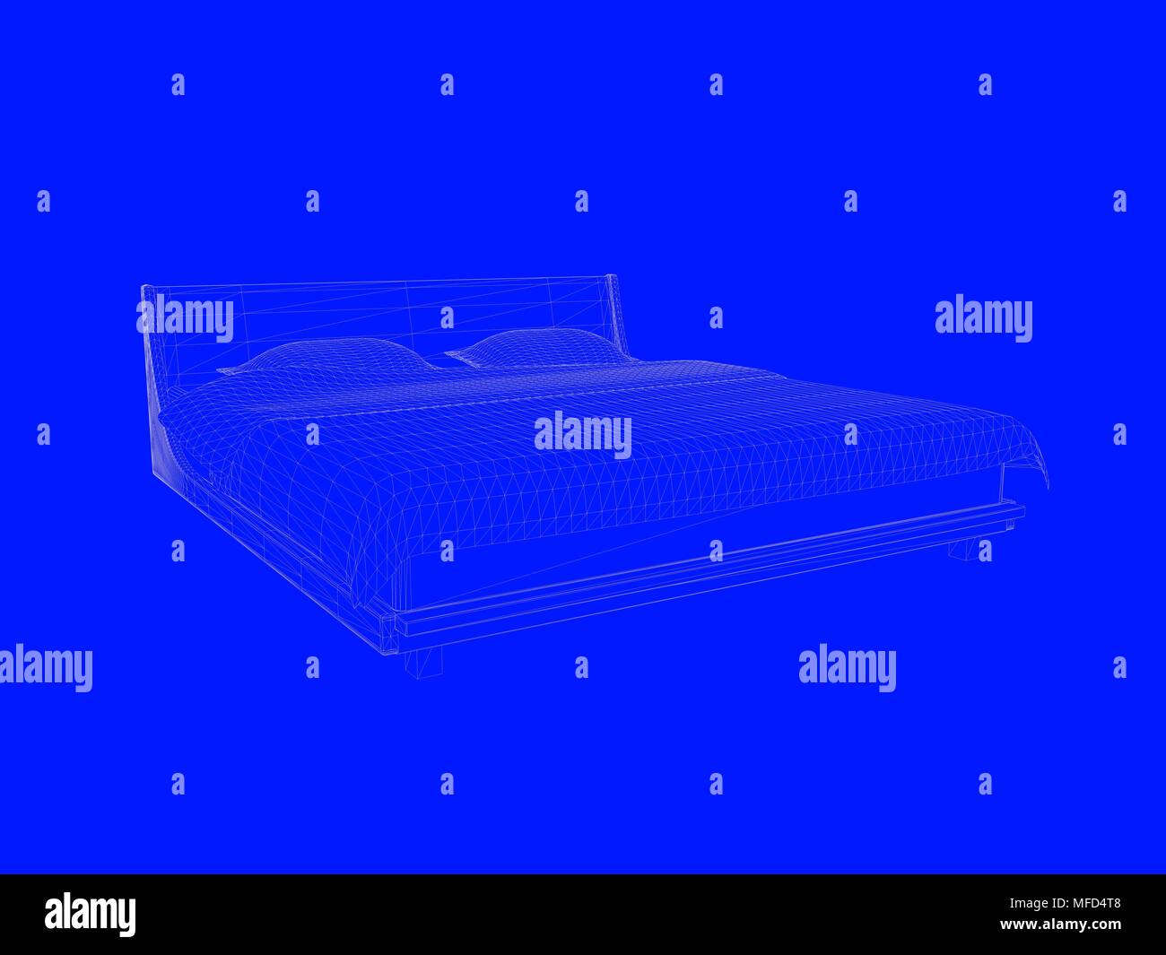 3d rendering of a bed blueprint as lines on a blue background Stock ...