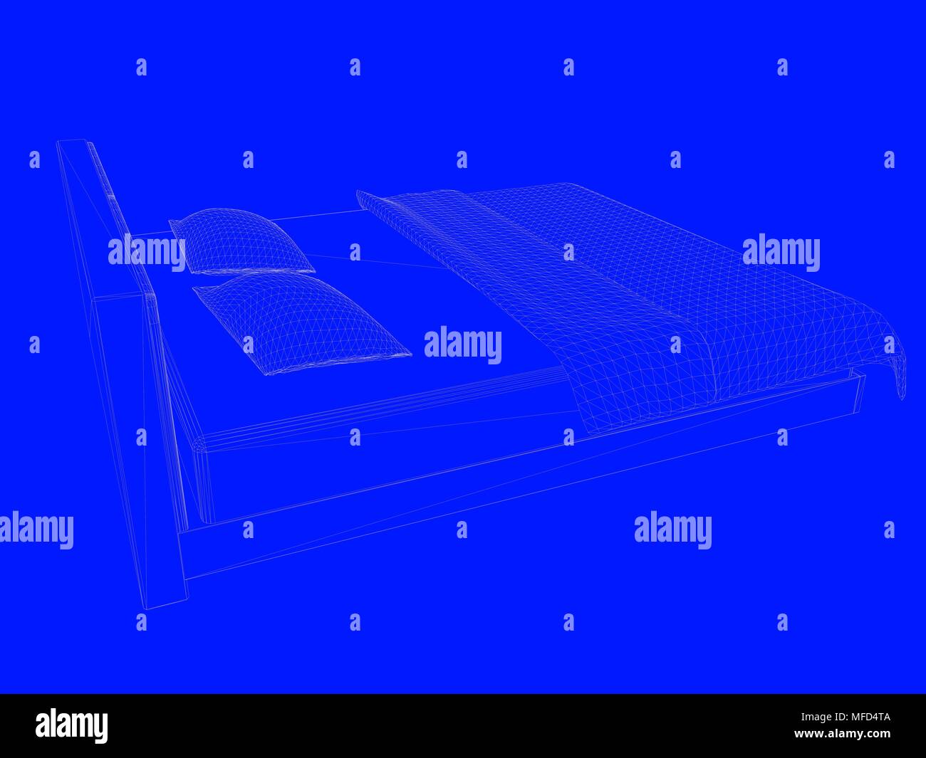 3d rendering of a bed blueprint as lines on a blue background Stock ...