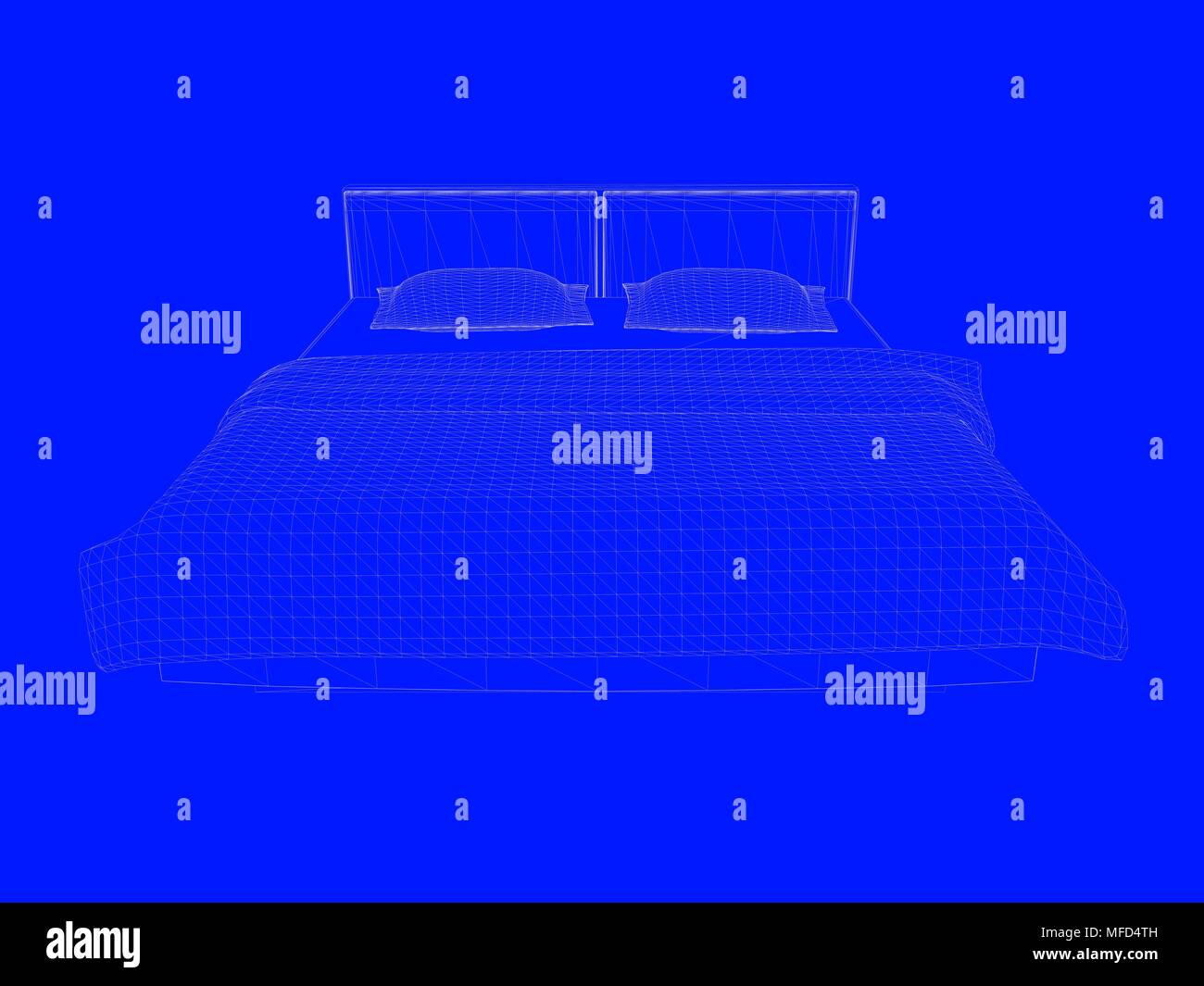 3d rendering of a bed blueprint as lines on a blue background Stock ...