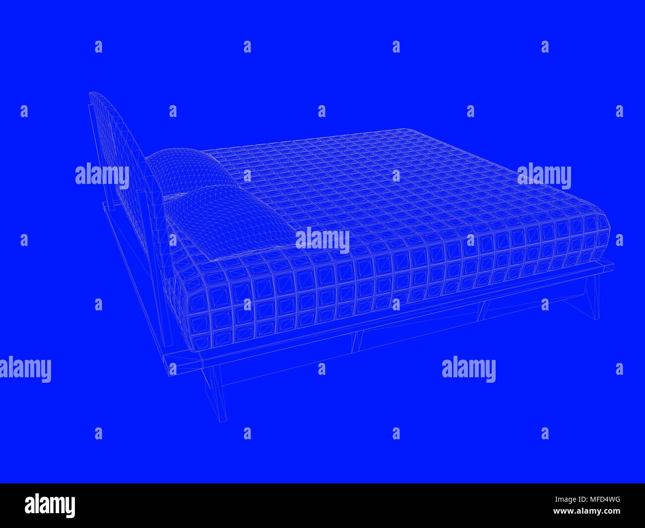 3d rendering of a bed blueprint as lines on a blue background Stock ...