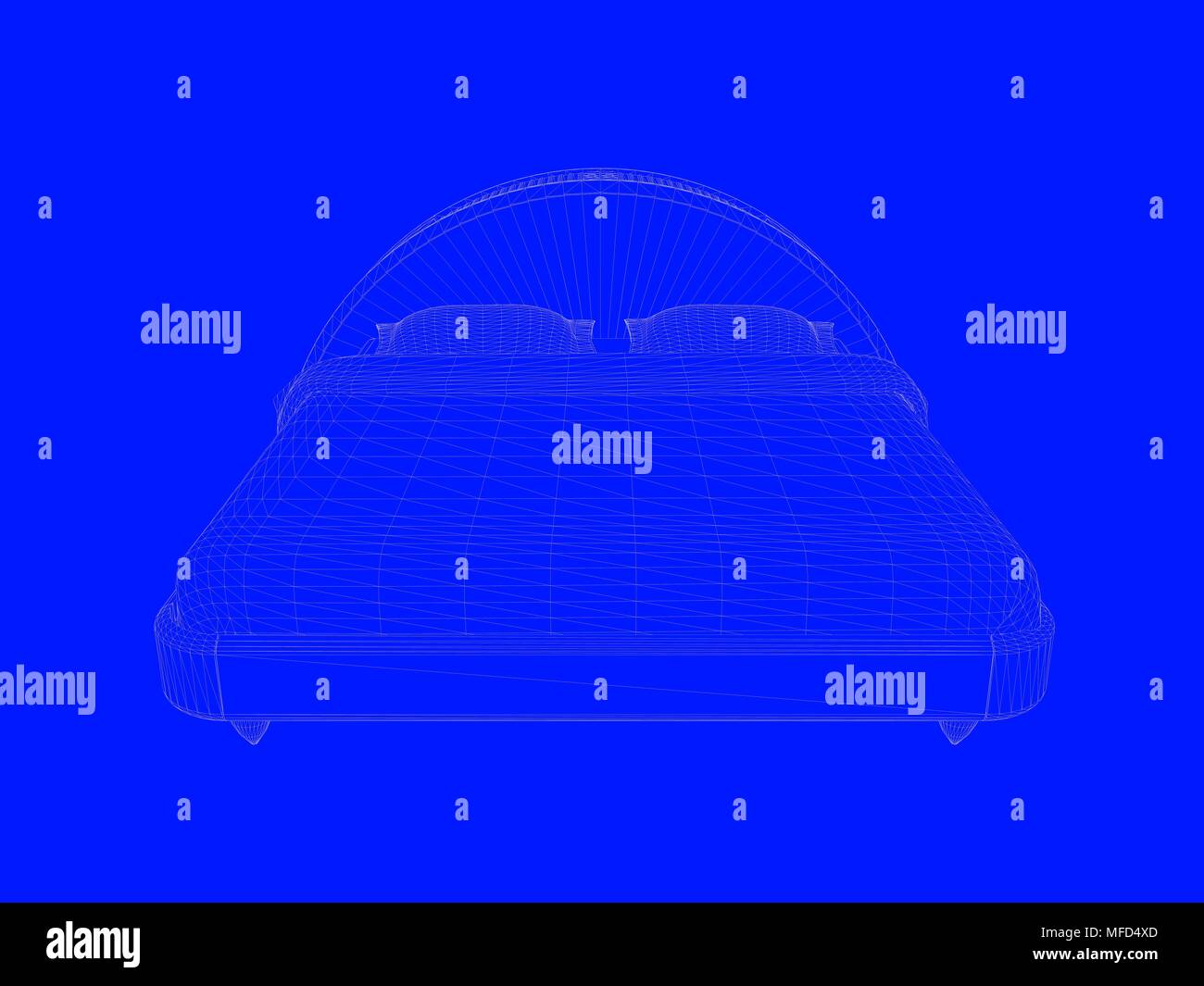 3d rendering of a bed blueprint as lines on a blue background Stock ...