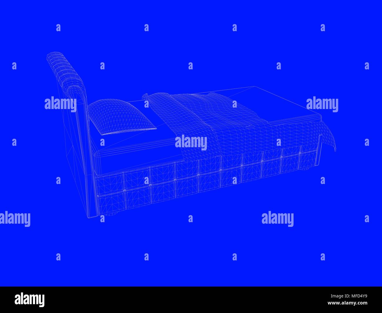 3d rendering of a bed blueprint as lines on a blue background Stock ...