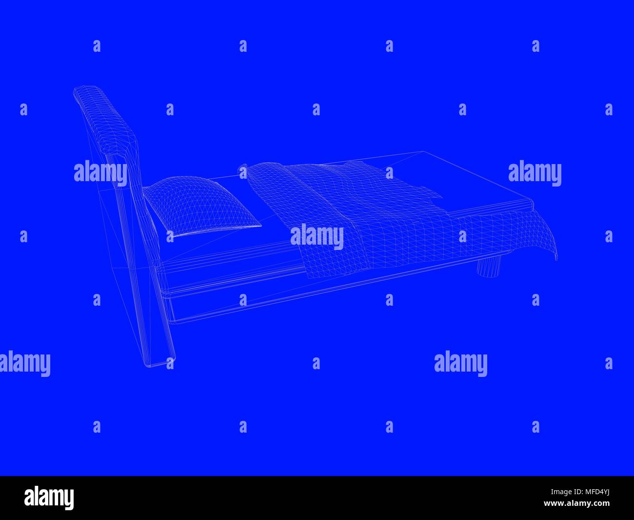 3d rendering of a bed blueprint as lines on a blue background Stock ...