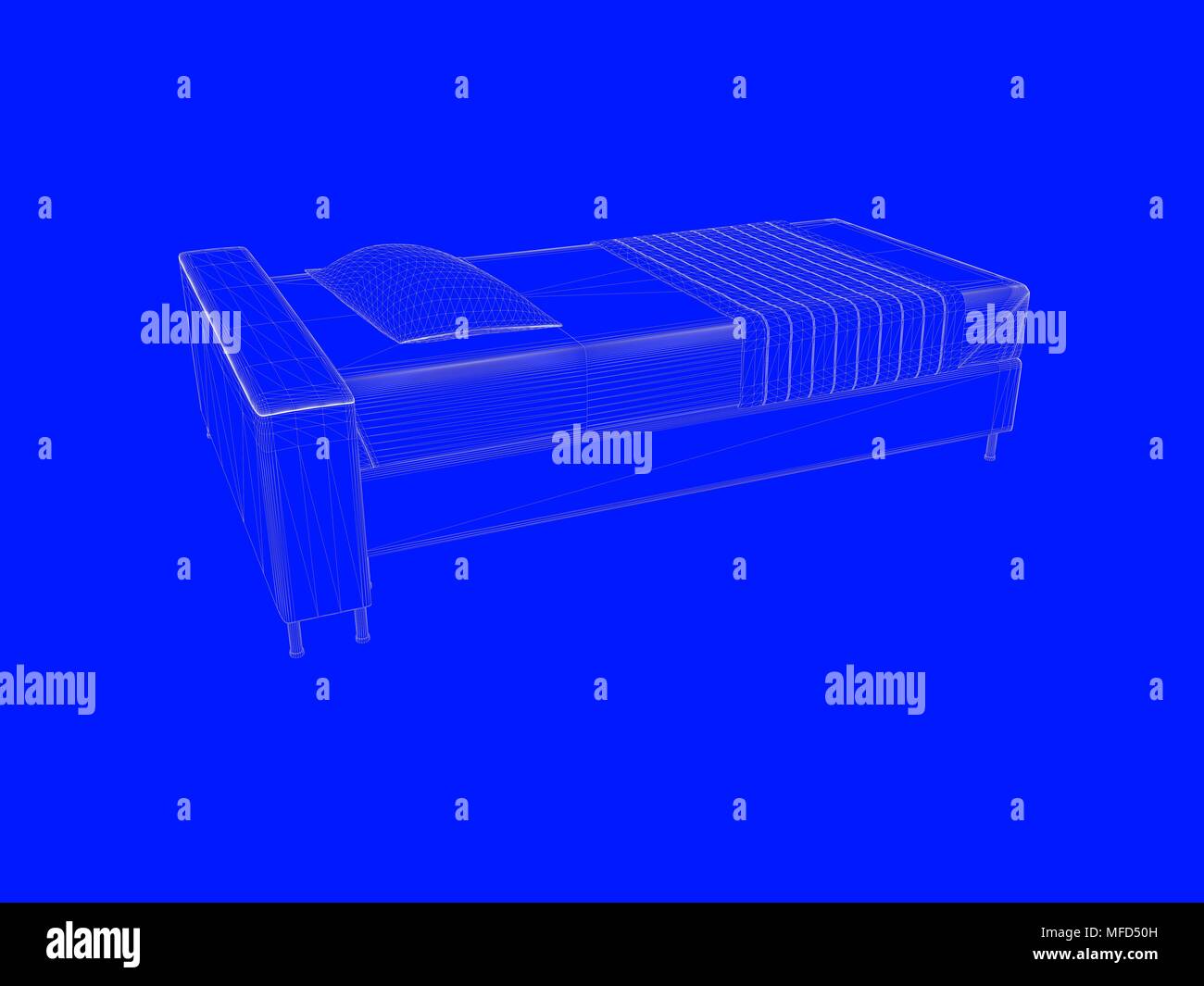 3d rendering of a bed blueprint as lines on a blue background Stock ...