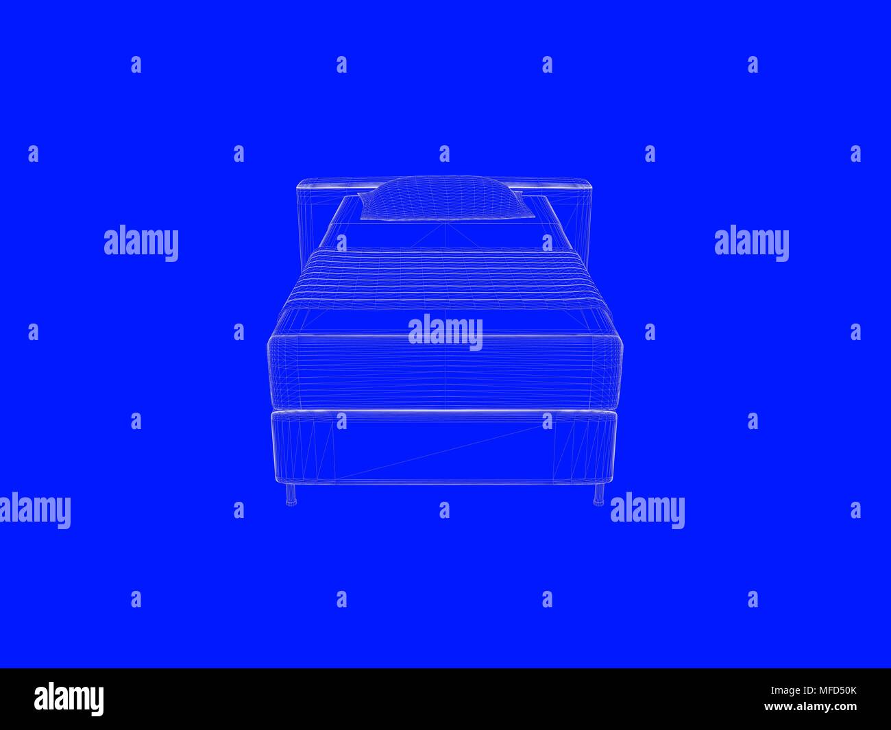 3d rendering of a bed blueprint as lines on a blue background Stock ...