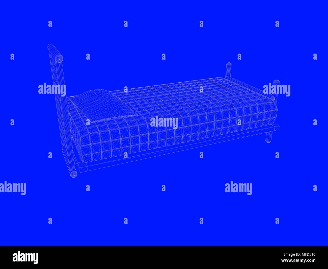 3d rendering of a bed blueprint as lines on a blue background Stock ...