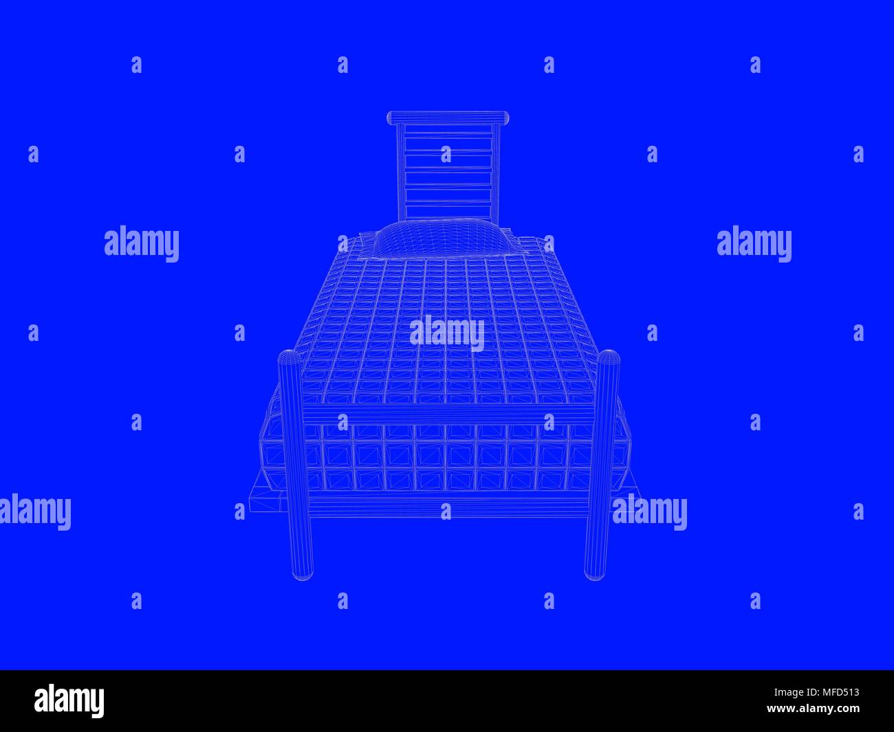 3d rendering of a bed blueprint as lines on a blue background Stock ...