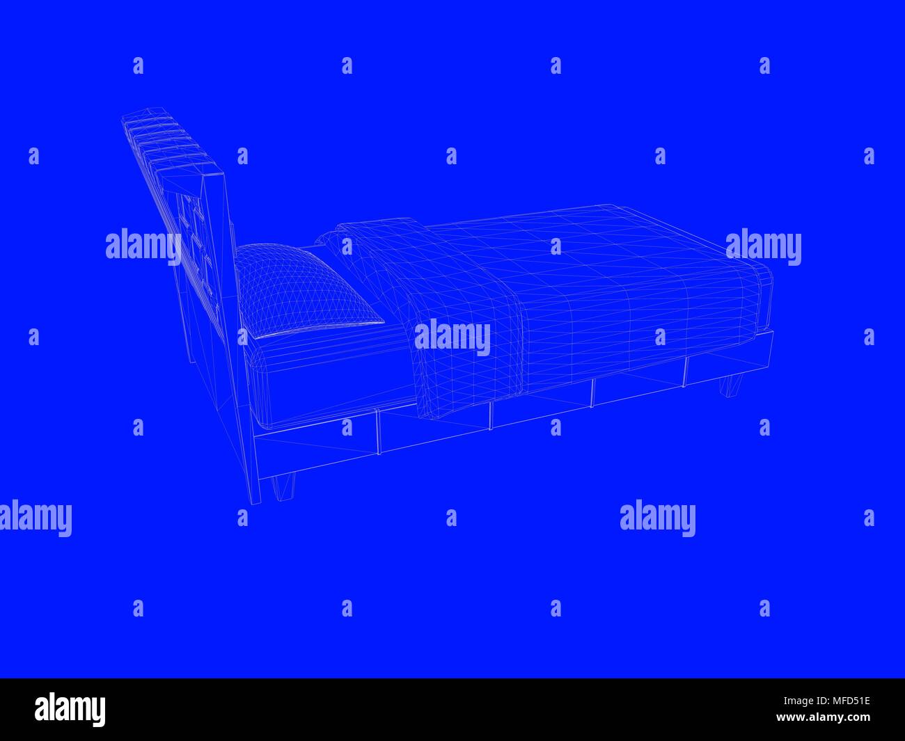 3d rendering of a bed blueprint as lines on a blue background Stock ...