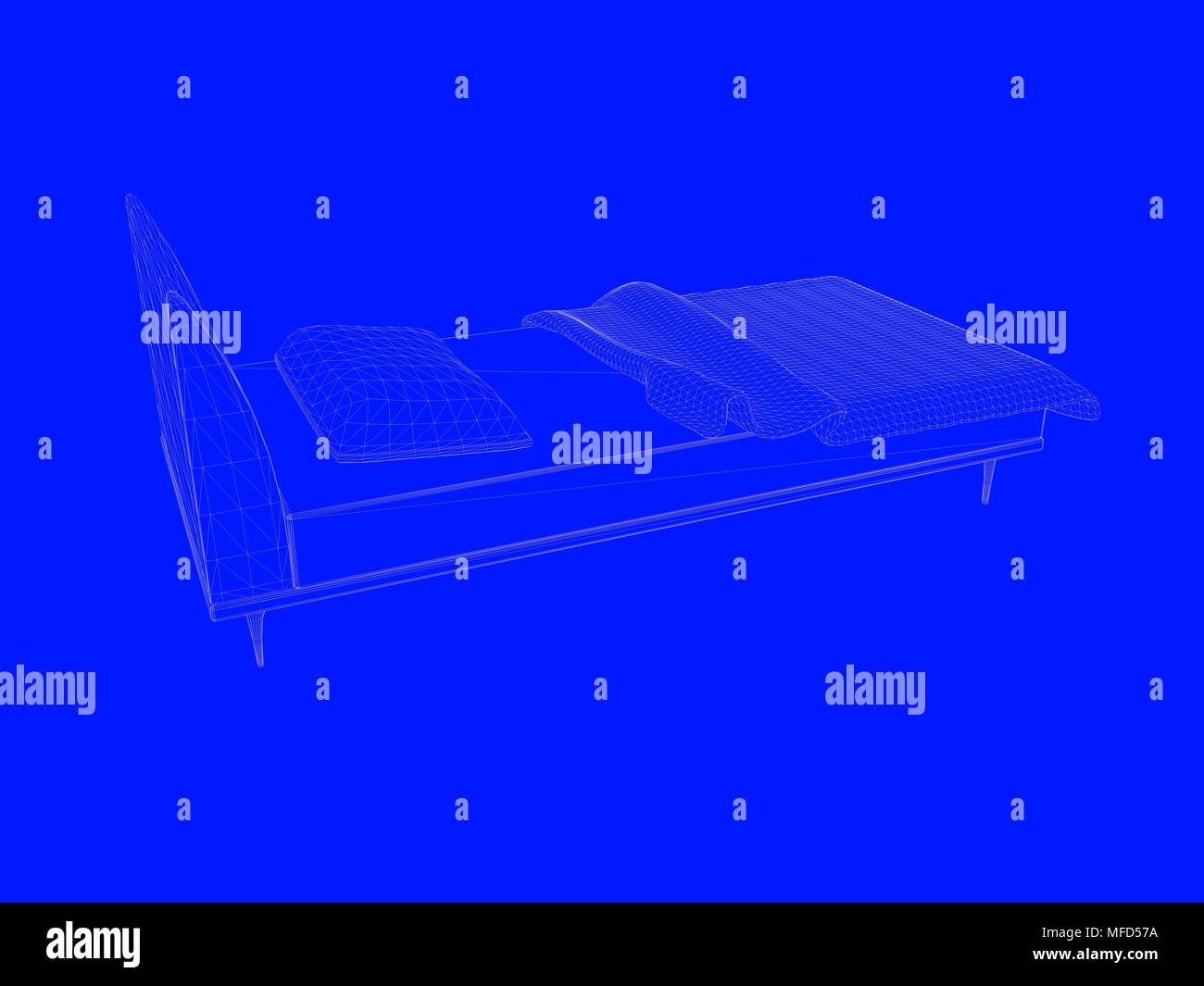 3d rendering of a bed blueprint as lines on a blue background Stock ...