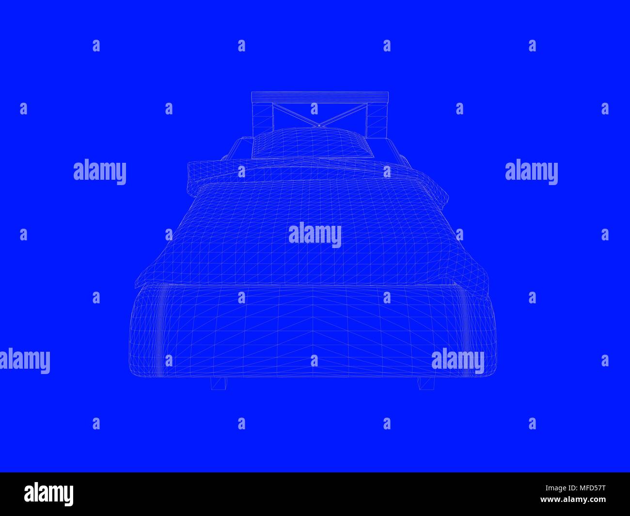 3d rendering of a bed blueprint as lines on a blue background Stock ...