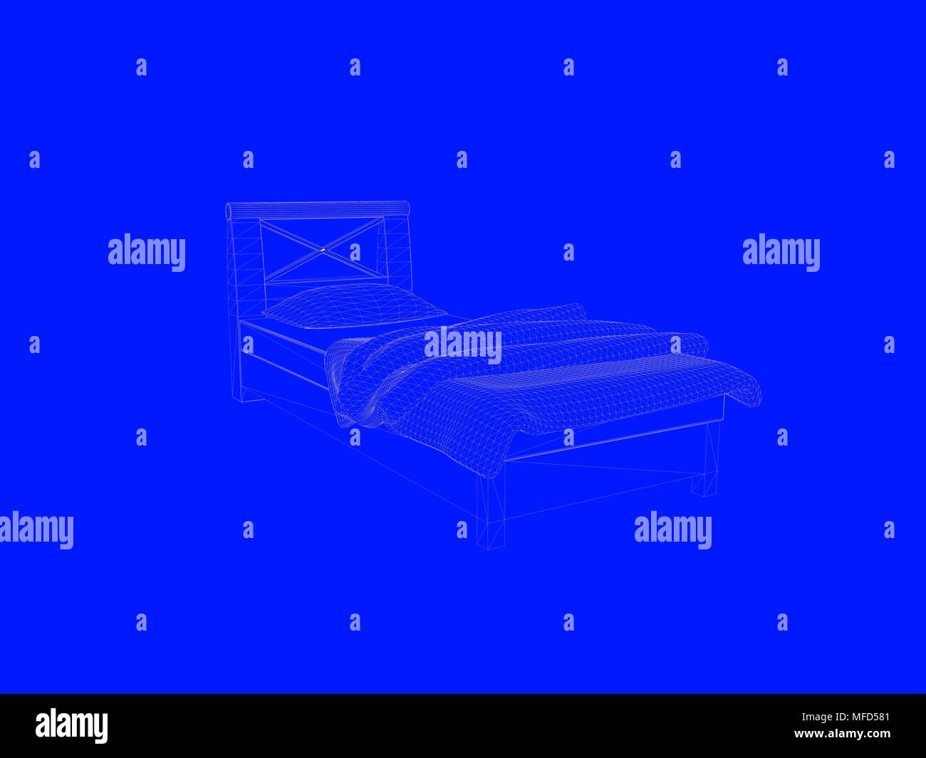 3d rendering of a bed blueprint as lines on a blue background Stock ...