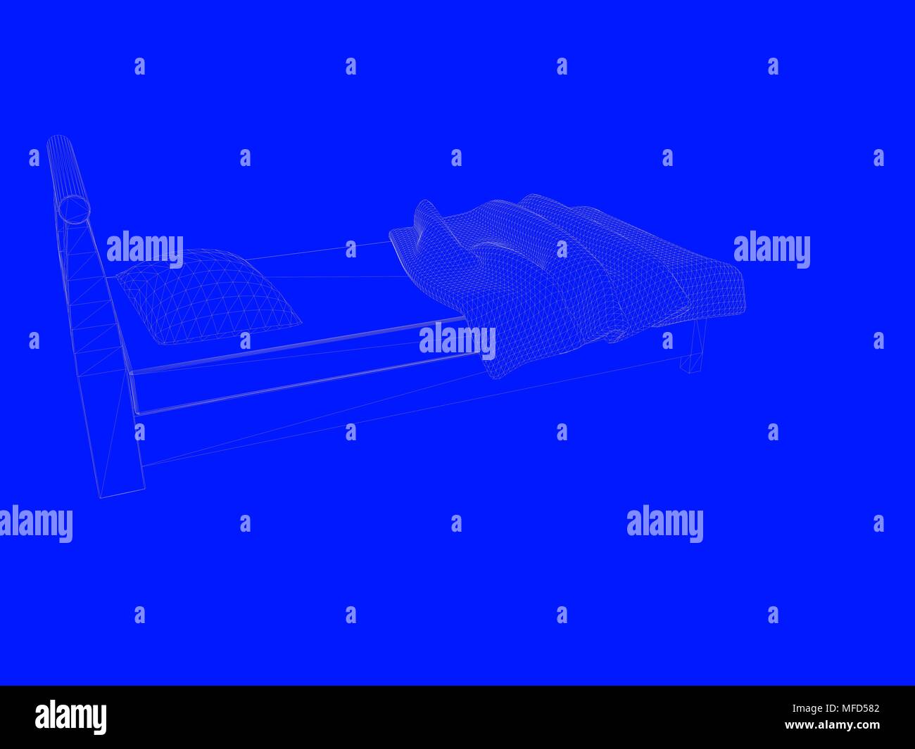 3d rendering of a bed blueprint as lines on a blue background Stock ...