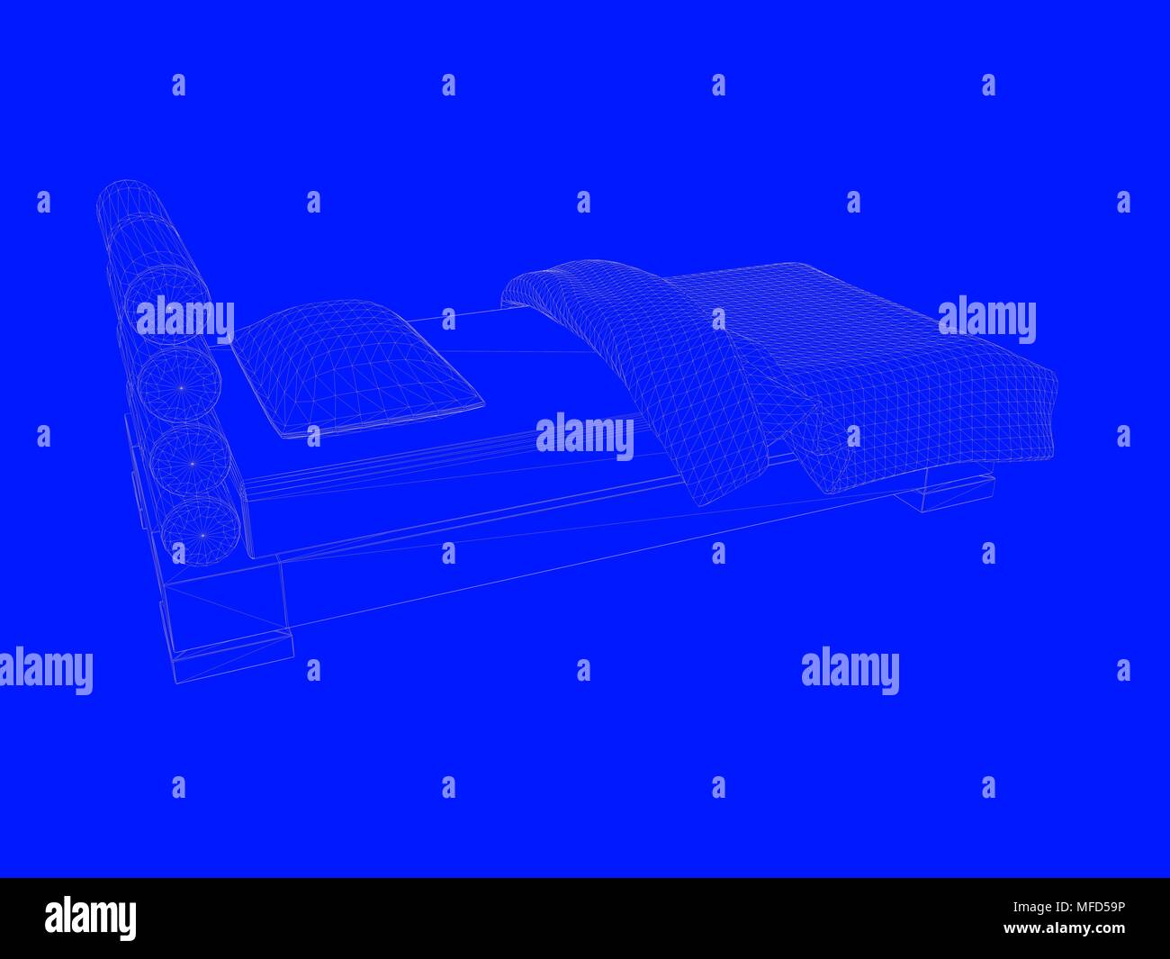 3d rendering of a bed blueprint as lines on a blue background Stock ...