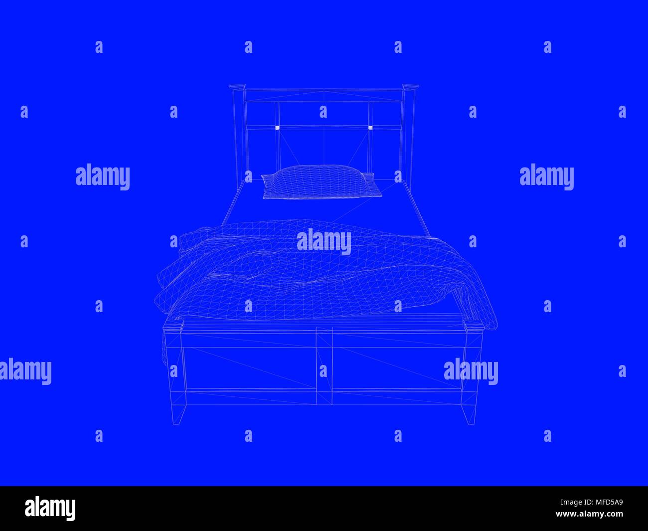 3d rendering of a bed blueprint as lines on a blue background Stock ...