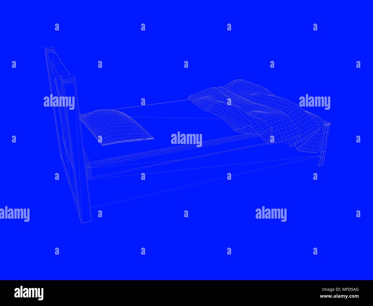 3d rendering of a bed blueprint as lines on a blue background Stock ...