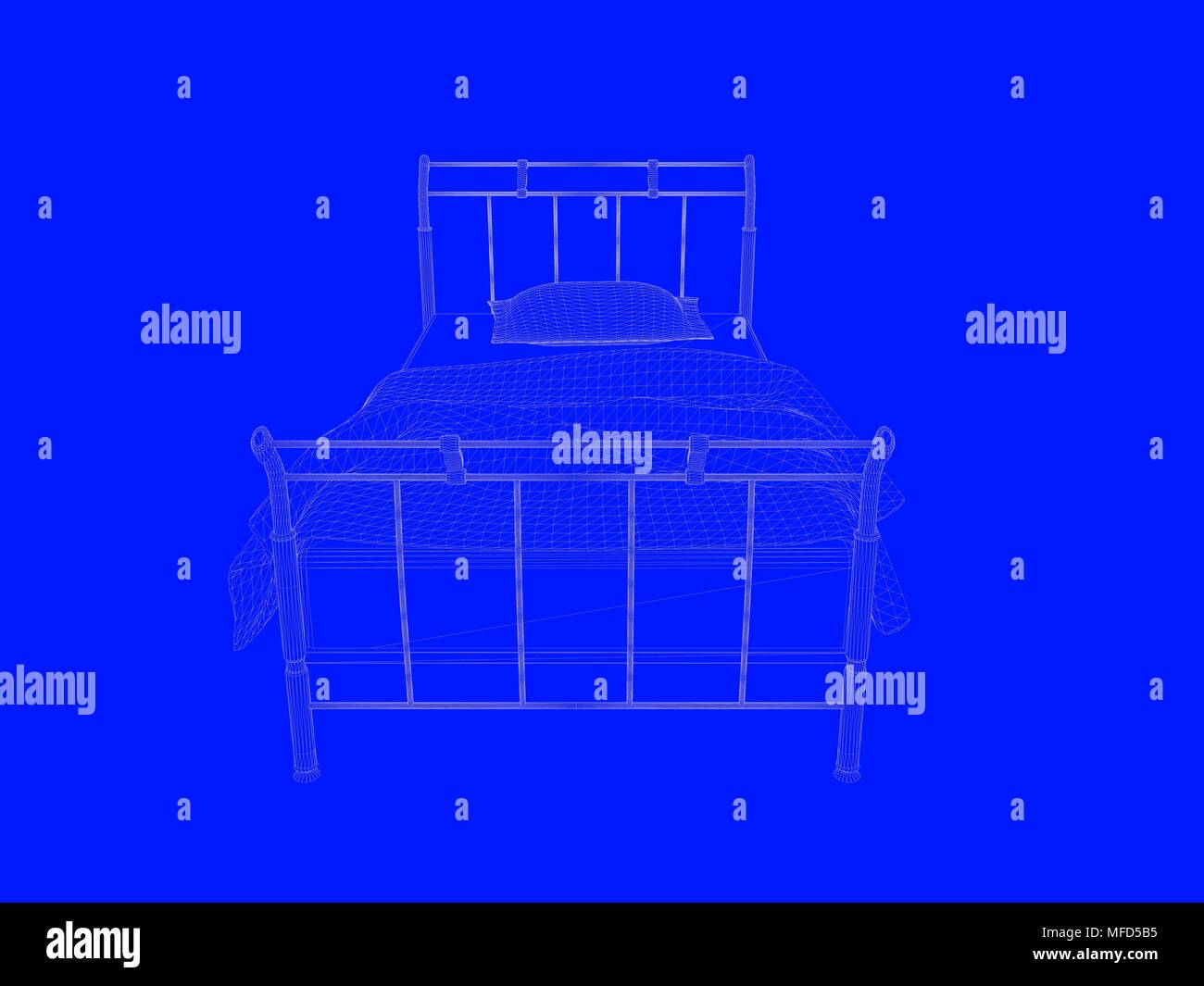 3d rendering of a bed blueprint as lines on a blue background Stock ...